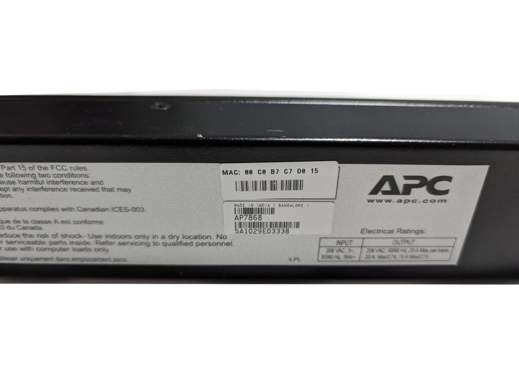 APC AP7868 Metered PDU 0U 35A 208V 3-PH (30x) C13 (6x) C19 Outlets ...