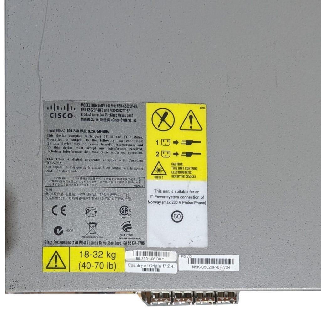 Cisco Nexus 5020 Switch 40 Port 10 Gigabit Ethernet Switch N5K-C5020P ...